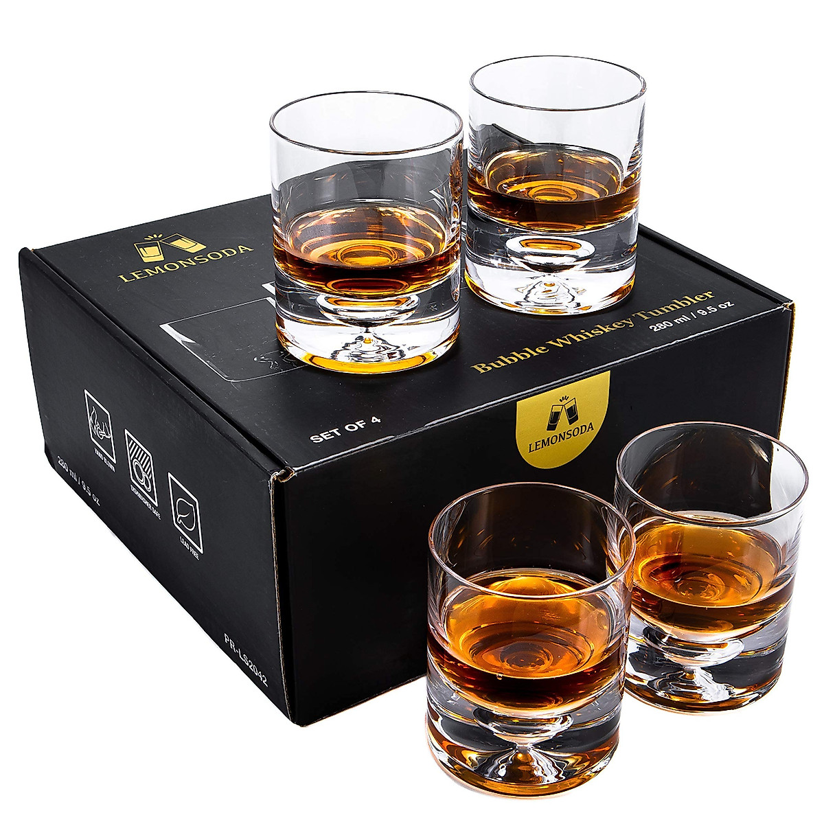 LEMONSODA Crystal Bubble Base Whiskey Glass Tumbler - Set of 4 - Thick Weighted Bottom - Unique Design - Great for Scotch Whiskey, Old Fashion, Manhattan, Bourbon & Cocktails