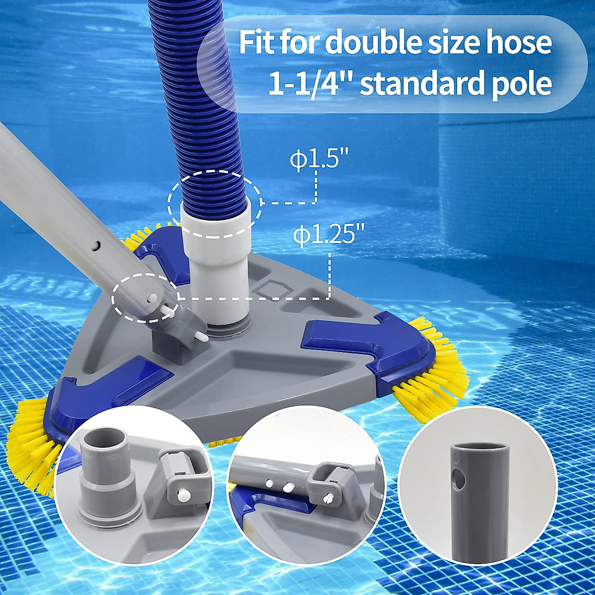 Buyplus Pool Vacuum Head with Side Brush, Manual Swimming Pool Vacuum Head for Inground and Above Ground Pools, Swivel Hose Connection, EZ Clip Handle.