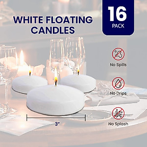 Floating Candles for Centerpieces - Pack of 16 White Unscented Long Burning (8 hrs) - White Floating Candles 3 inch Diameter for Weddings, Christmas Holiday Dinners, Round Candles, Home Décor
