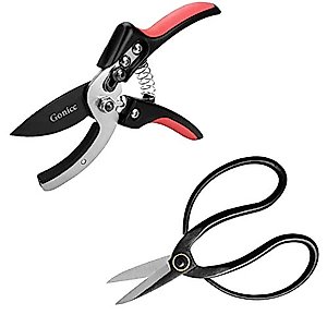 Gonicc 8" Professional SK-5 Steel Blade Anvil Pruning Shears(GPPS-1010) and 7.3" Bonsai Scissors(GPPS-1012), Cushion and shock absorber design, Ergonomically Design Handle.