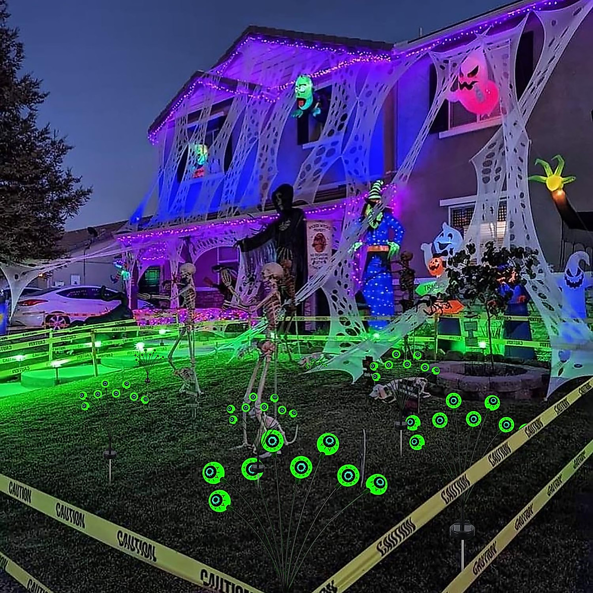 Halloween Solar Light Outdoor Decorations,2 Pack Solar Lights with 16 Treat Eyeballs,Swaying Firefly Light for Halloween Outside Patio Path Yard Decor (Green)