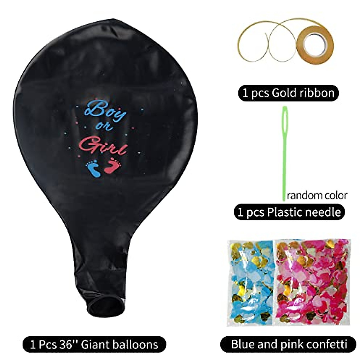 Gender Reveal Balloons, 1 Pack 36 Inch Black Boy or Girl Balloon with Pink and Blue Heart-Shaped Confetti for Gender Reveal Party Decorations