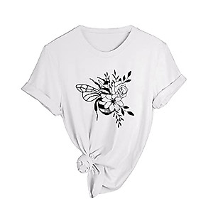 Womens Spring Summer Bees Printed Short Sleeve O Neck T Shirt Top White