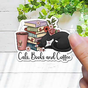 3.25" Cats Books Coffee Floral I love Books Reading book books novel Laminated laptop tablet sticker Book Library brew latte cappuccino Novel Novels kindle Love Gift for