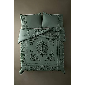 CraftAura 3 Piece Green Ivory Tufted Duvet Cover, Bohemian 1 Duvet Cover with 2 Pillow Cover 100% Organic Cotton Boho Quilt Cover Comforter Cover with Zip Closure Bed Set (80 x 90 inches)