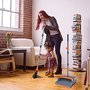 kelamayi Upgrade Broom and Dustpan Set, Self-Cleaning with Dustpan Teeth, Indoor&Outdoor Sweeping, Ideal for Dog Cat Pets Home Use, Stand Up Broom and Dustpan (Gray&Orange)