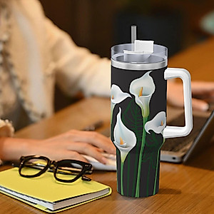 furenan White Calla Lilies 40oz Tumbler With Handle And Straw Lid Stainless Steel Double Wall Vacuum Insulated Tumbler Travel Mug Straw Covers Cup For Water Iced Tea Or Coffee