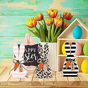 3 Pcs Easter Decor for Tiered Tray Easter Bunny Decor Wooden Bunny Table Signs Farmhouse Bunny with Carrot Tabletop Decoration Easter Party Desk Home Decorations (Classic Style)
