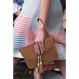 UTO Envelope Wristlet Clutch Crossbody Bag for Women Double Tassel Cellphone Trendy Purse with Strap and Zip Pocket Light Pink