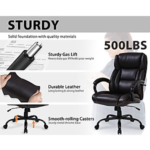 Big and Tall Office Chair-500lbs Executive Massage Office Chair, PU Leather Adjustable Height Computer Desk, Ergonomic Task Chair with Massaging Lumbar Support Home Office Desk Chairs, Brown