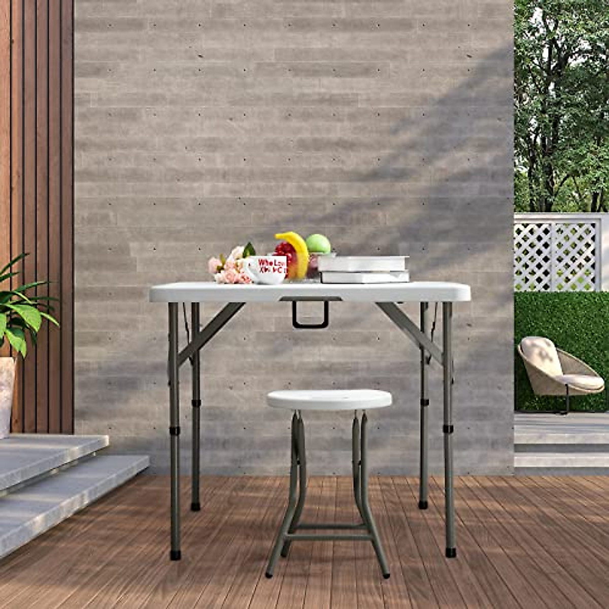 ALIMORDEN 2.85ft Square Bi-Folding Table, 34" Portable Plastic Dining Table, Event Commercial Table, Indoor&Outdoor Heavy Duty Trestle Table for Wedding, Party, BBQ, Garden, Patio, White Granite