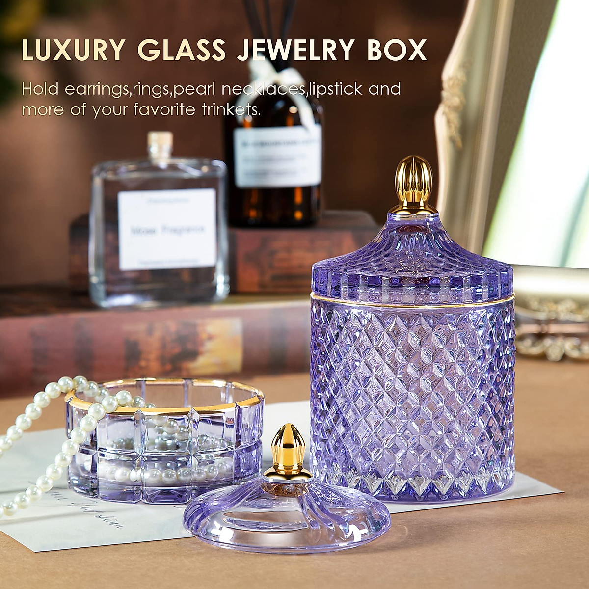 ALAMHI Candy Dish Glass Cookie Jar with Lid Candy Bowl for Office Desk Decor, Apothecary Jars Purple Bathroom Accessories Cute Room Decor Aesthetic, Q Tip Holder Decorative Glass Jewelry Box (20oz)