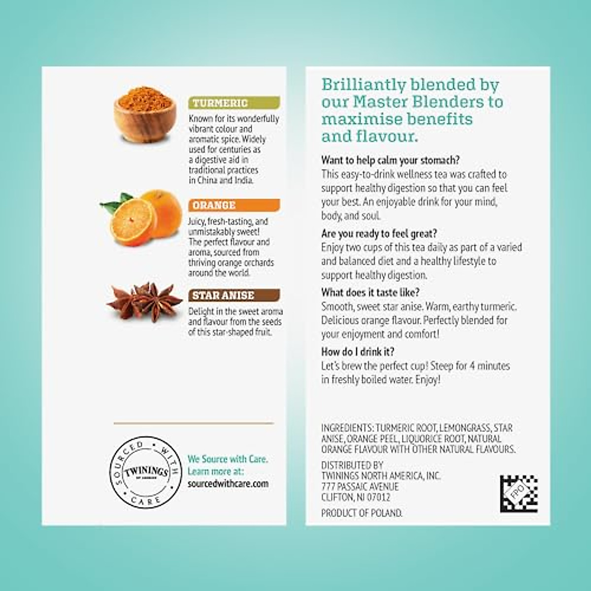 Twinings Soothe Tea - Orange & Star Anise Flavoured Turmeric Tea, Digestive Tea, Naturally Caffeine-Free Herbal Tea Bags Individually Wrapped, 18 Count.