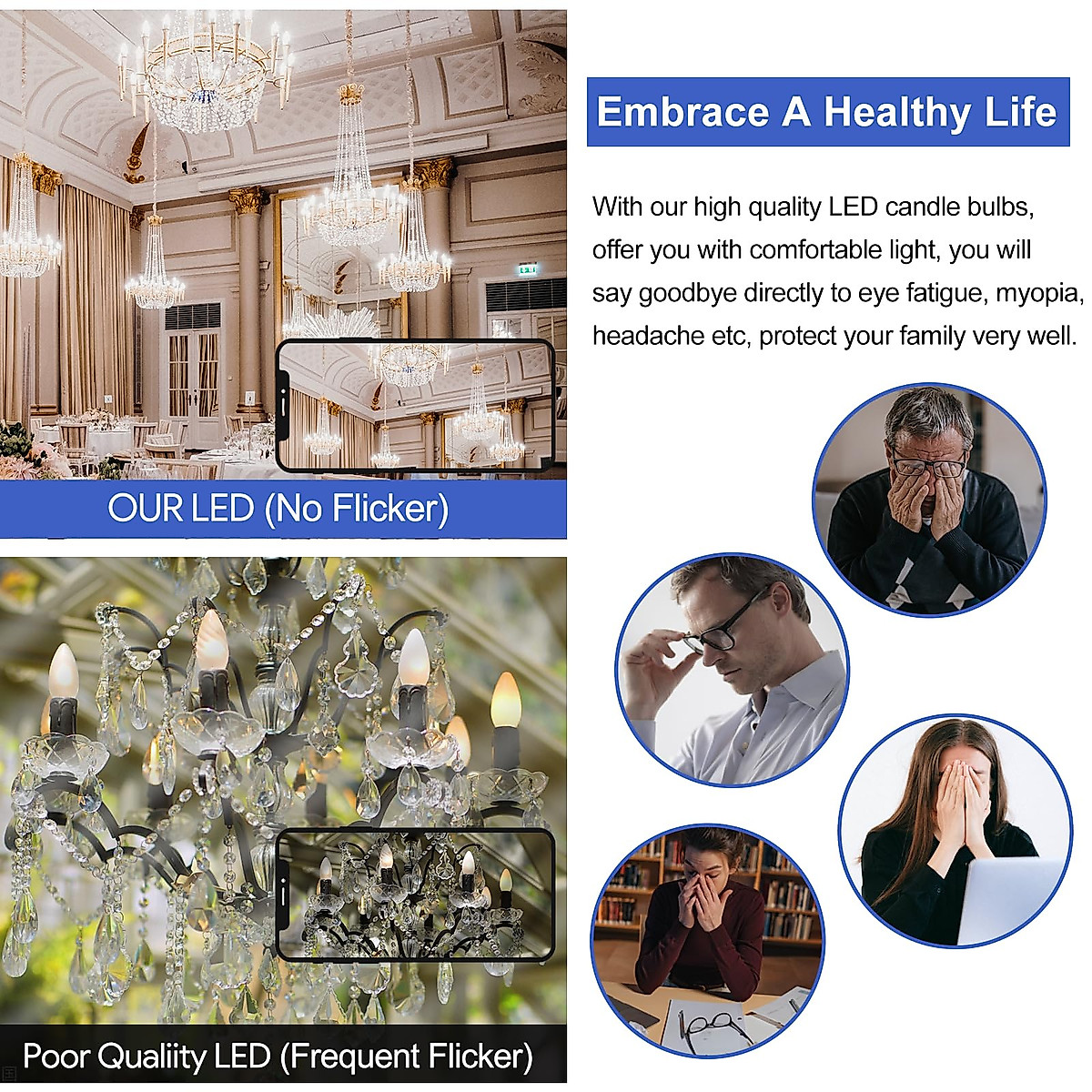 VATION LIGHTING 12 Pack 𝐂𝐚𝐧𝐝𝐞𝐥𝐚𝐛𝐫𝐚 𝐁𝟏𝟏 𝐂𝐚𝐧𝐝𝐥𝐞 𝐋𝐢𝐠𝐡𝐭 LED 5000K Daylight LED Bulbs 500 Lumens, 90+ High CRI, Filament E12 Candle, LED Chandelier Light Bulbs, UL Listed