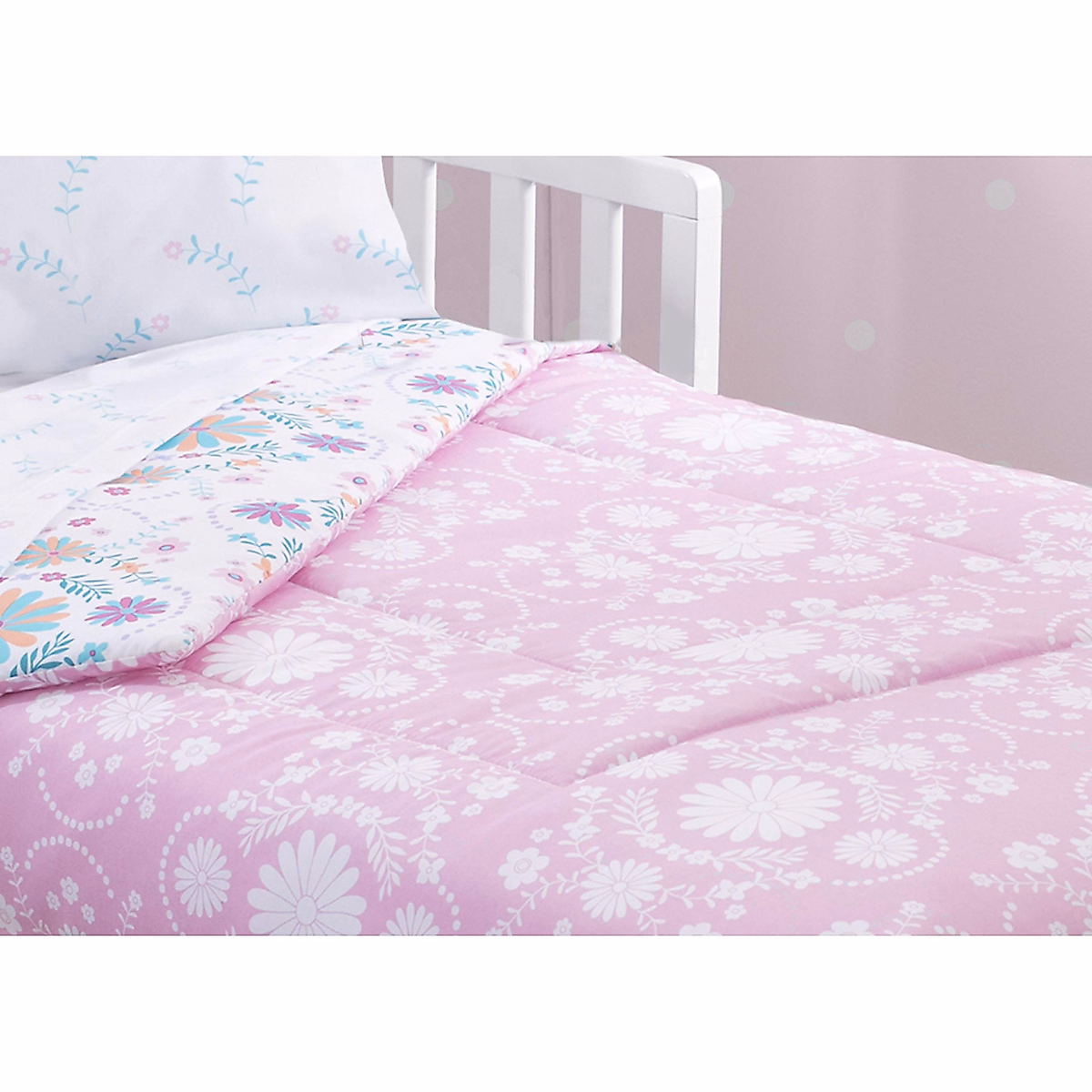 Delta Children 4 Piece Toddler Bedding Set for Girls - Reversible 2-in-1 Comforter - Includes Fitted Comforter to Keep Little Ones Snug, Bottom Sheet, Top Sheet, Pillow Case - Pink Bohemian
