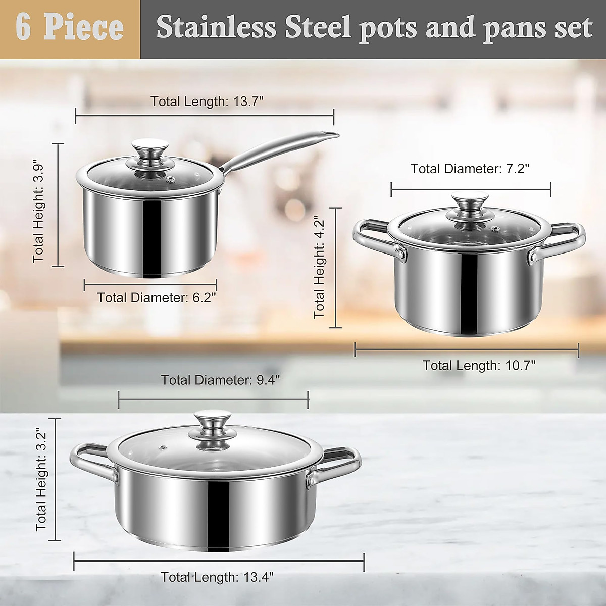 SHEUMNT Stainless Steel pots and pans set, 6 PCS Nonstick Induction Kitchen Cookware Set, Works with Induction/Electric and Gas Cooktops, Nonstick, Oven Safe, Camping Cookware
