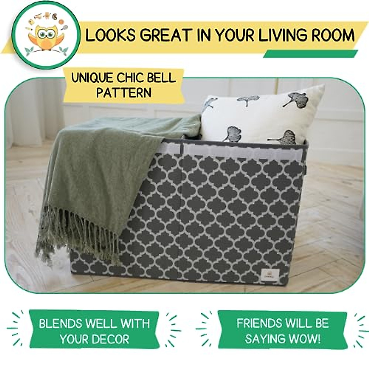 DaWikity Kids Toy Chest - Collapsible Toy Bin for Nursery, Bedroom, Living Room & Playroom Organization and Storage - Toy Box with Lid, Hook-and-Loop Fastener, Spacious Compartment - 25x16x13, Grey