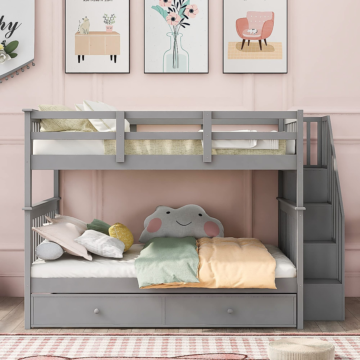 Full Over Full Bunk Beds with Stairs and Trundle Wood Bunk Bed Frame with Staircase and Storage Shelves for Kids Teens Adult, Detachable Stairway Bunkbed for Boys Girls, Gray