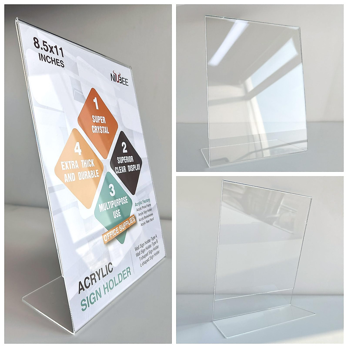 NIUBEE 6Pack 8.5x11 Acrylic Sign Holder with Vertical Slanted Back, Clear Plastic Sign Holder Picture Photo Frames, Flyer Document Paper Display Stand for Office Desktop