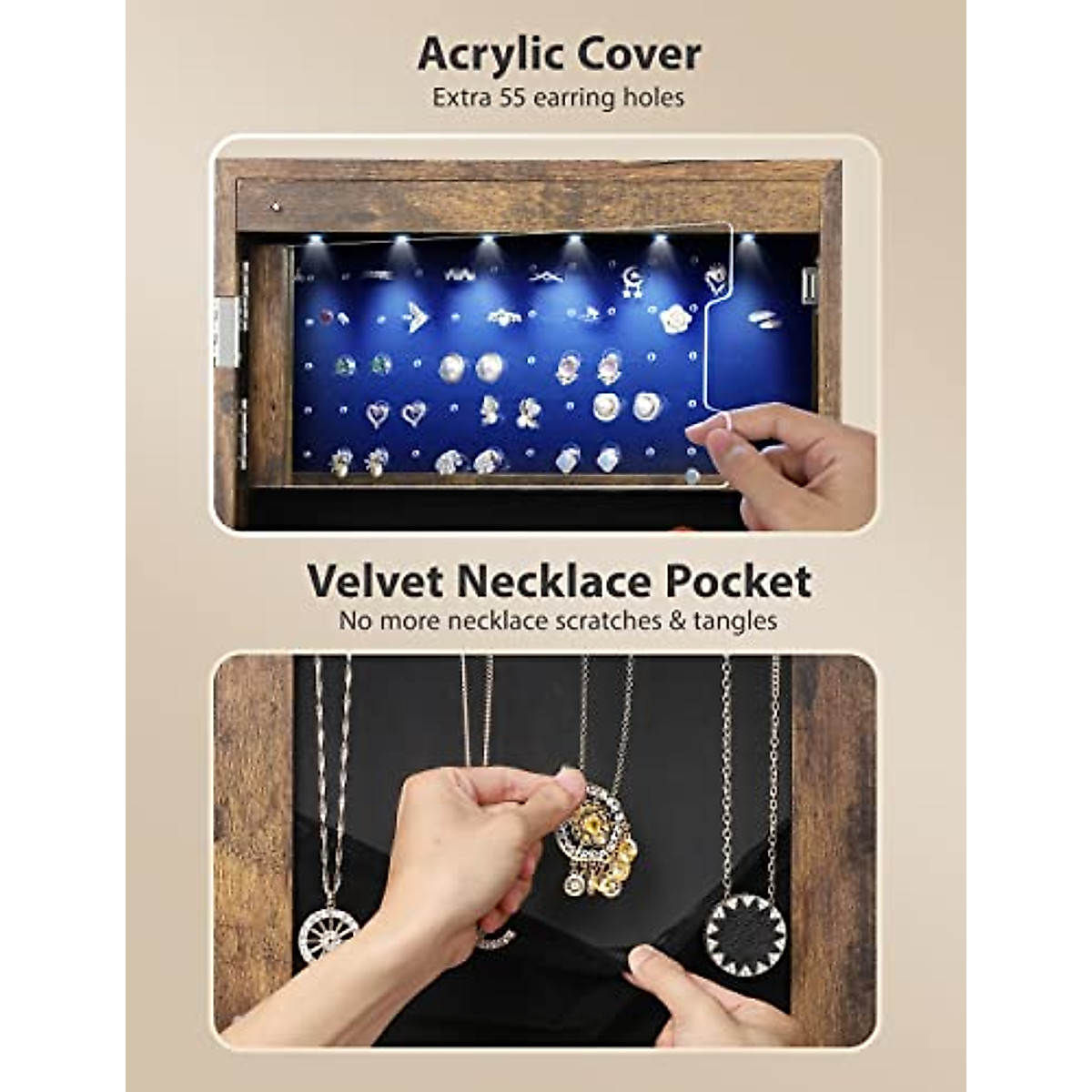 Nicetree 6 LEDs Mirror Jewelry Cabinet with 3 Improvements, 4.2" D Door/Wall Mounted Jewelry Armoire with Full Length Mirror, Larger Capacity, Rustic Brown