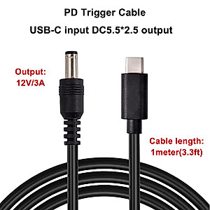 Euogeudel 2PCS 3.3ft PD 12V 3A Trigger USB Type C Male Input to DC 5.5 x 2.5mm Male Power Cable