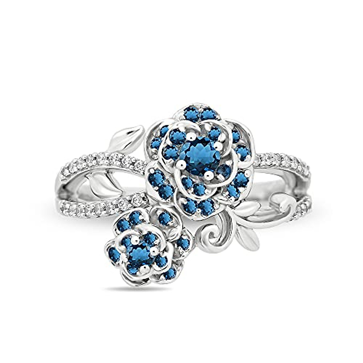 Jewelili Enchanted Disney Fine Jewelry Sterling Silver 3 MM Round London Blue Topaz and 1/6 Cttw Natural White Round Diamond Cinderella 70th Gardania Flower Ring, Size 8
