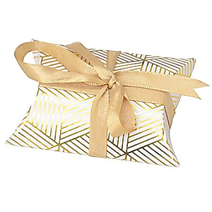 Aokbean Pack of 100 European Kraft Paper Pillow Gift Boxes Wedding Favor Party Supply Favor Gift Candy Box with 50 Yards Ribbon (Gold Stripes)