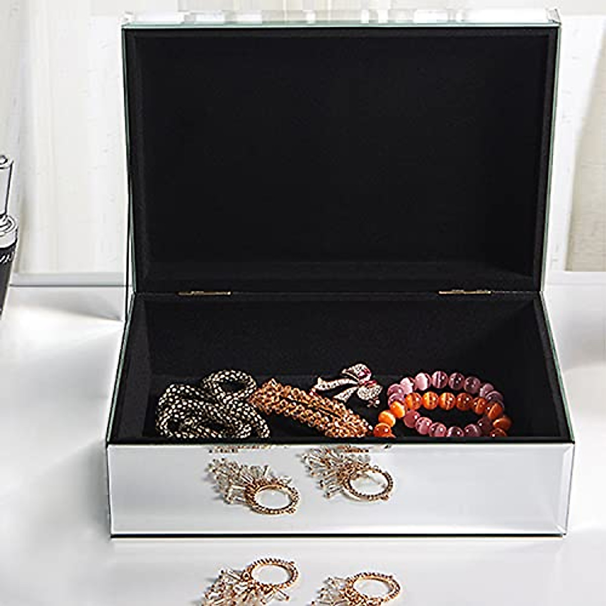 Meetart Large size Diamond Glass Mirrored Jewelry Box Simple Classic Storage Organizer High-end Luxury Mirror Box Silver （9.5x6.5x3inch）