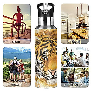 Tiger Water Bottle Kids Thermos Bottle with Straw Lid Animal Kids Insulated Stainless Steel Water Flask Leakproof Thermos Bottle for Gym Outdoor 20 oz