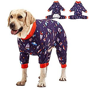 LovinPet Pullover Pitbull Pajama PJS - Lightweight Pullover Pajamas, Full Coverage Dog Pjs,Spacecraft Navy Print, Large Breed Dog Pjs/XL