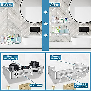 Shower Caddy, 2 Packs Shower Shelf No Drilling, Adhesive Shower Rack Wall Mounted with 4 Hooks, Rustproof Bathroom Shower Storage Organizer