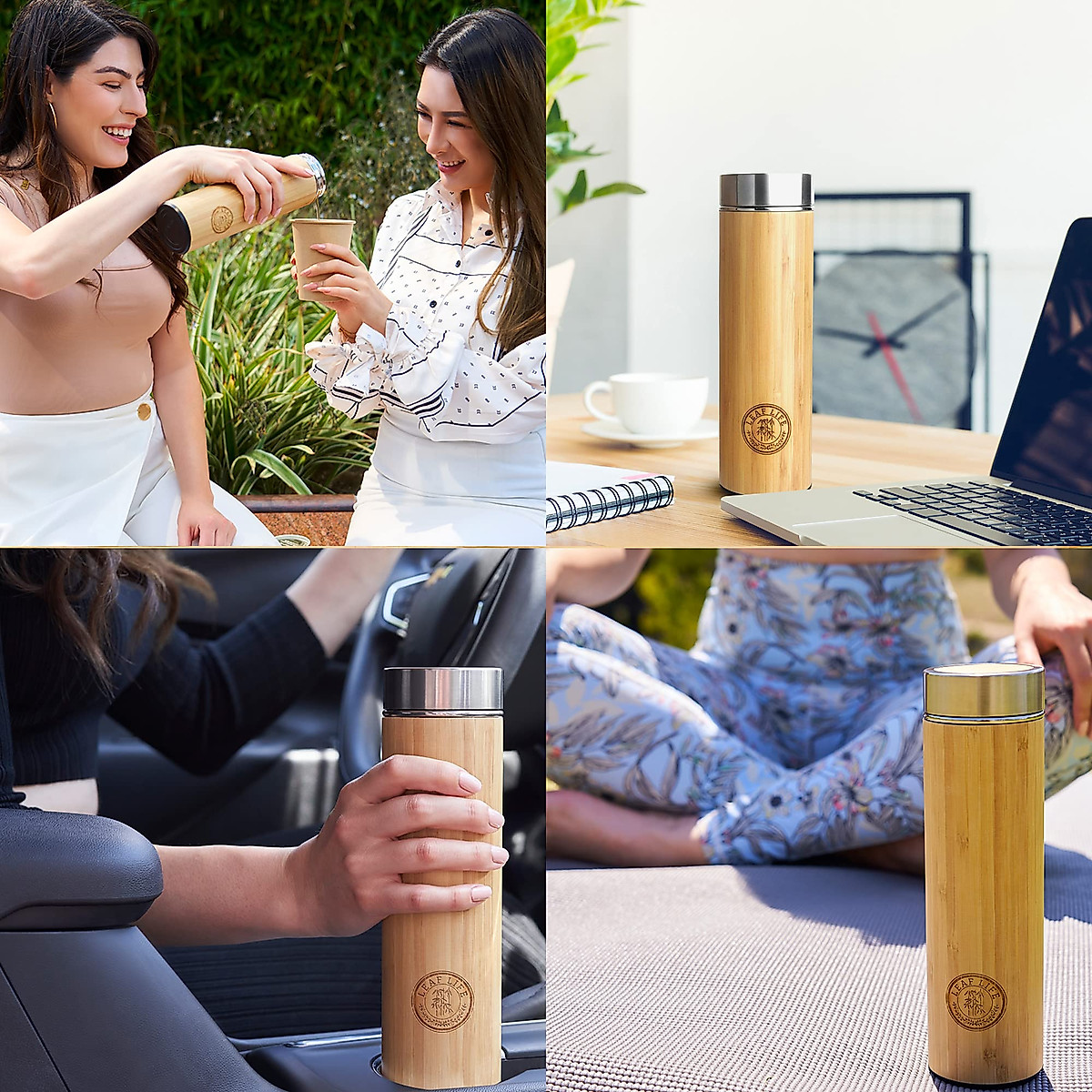 LeafLife Premium Bamboo Thermos with Tea Infusers for Loose Tea 17oz - Hot & Cold for 12 Hrs - Tea Accessories - Long Handled Tea Strainers - Unique Gifts for Women, Tea Gift Set for Women