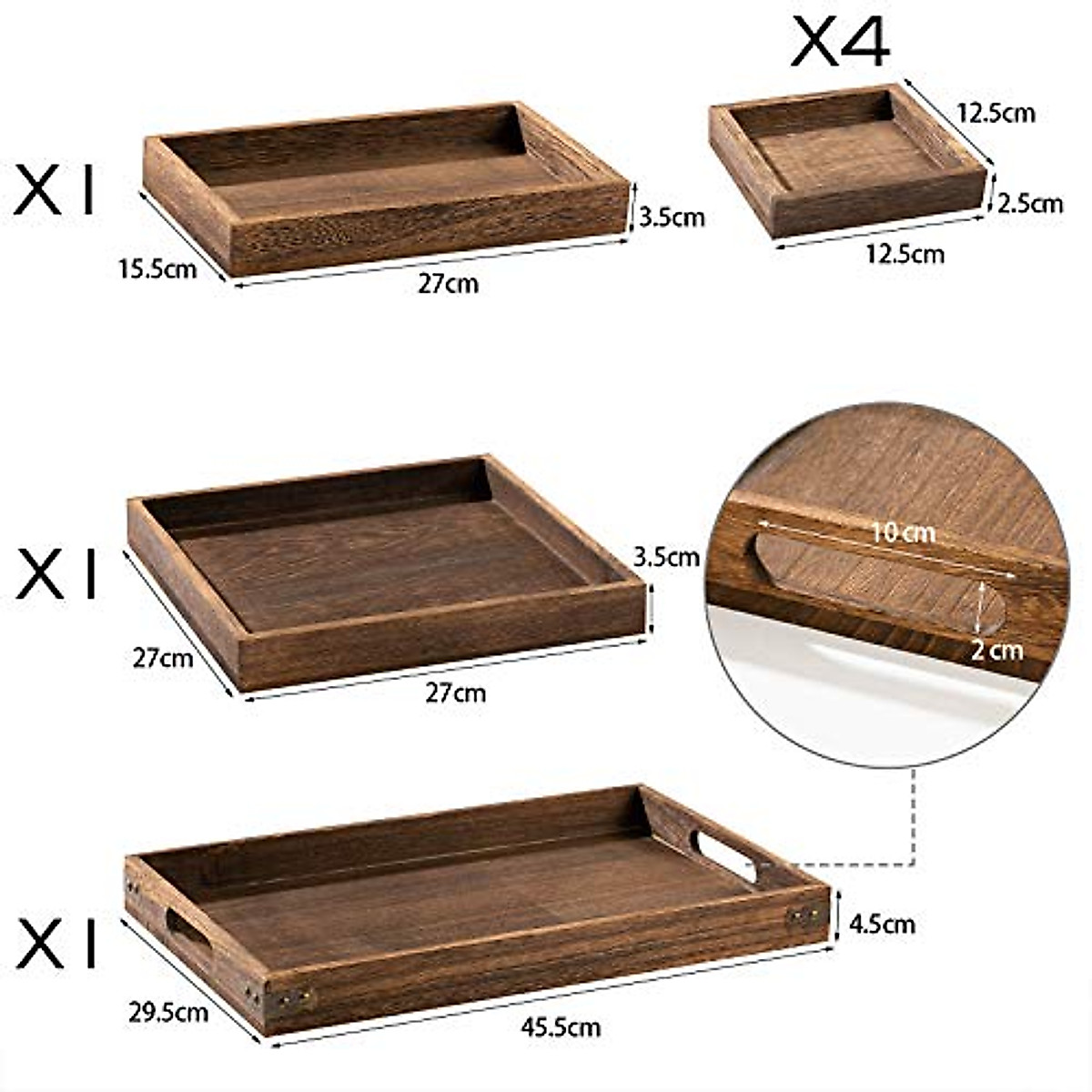 Rustic Wooden Serving Trays with Handle - Set of 7 - Large/Medium/Small/Mini-Nesting Multipurpose Trays - for Breakfast, Coffee Table/Butler & More