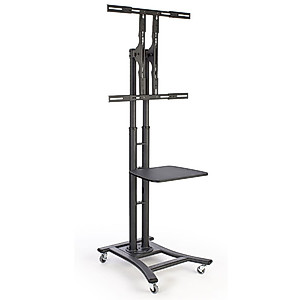 Displays2go TV Stand with Shelf, Holds 32 to 70 Inch Flat Screen Monitor, Height Adjustable and Tilting – Black (MBTVSBK2SS)