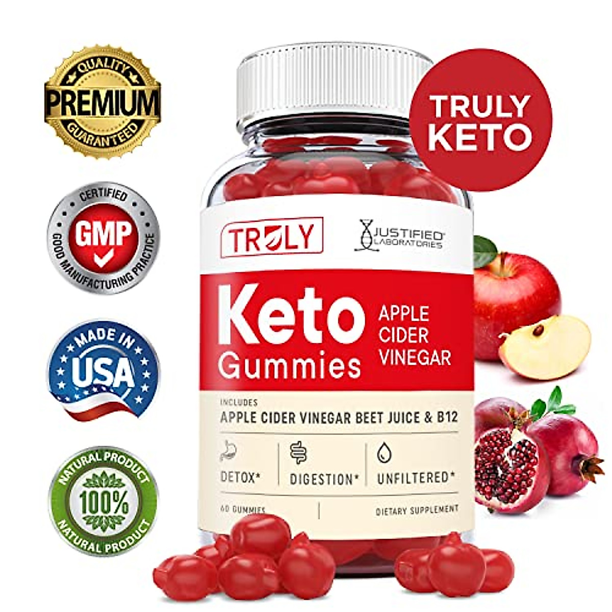 Justified Laboratories Truly Keto ACV Gummies 1000MG with Pomegranate Juice Beet Root B12 60 Gummys