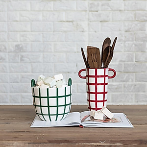 Creative Co-Op Hand-Painted Stoneware Container with Grid Pattern and Handles, Red and White
