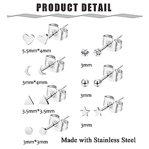 Sllaiss 7 Pairs Tiny Geometric Stud Earrings Set Stainless Steel CZ Ball Heart Star Cartilage Earrings Studs for Women Helix Ear Piercing Set With Gift Box
