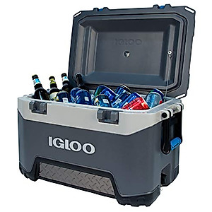 Igloo BMX 52 Quart Cooler with Cool Riser Technology, Fish Ruler, and Tie-Down Points - 16.34 Pounds - Carbonite Gray and Blue