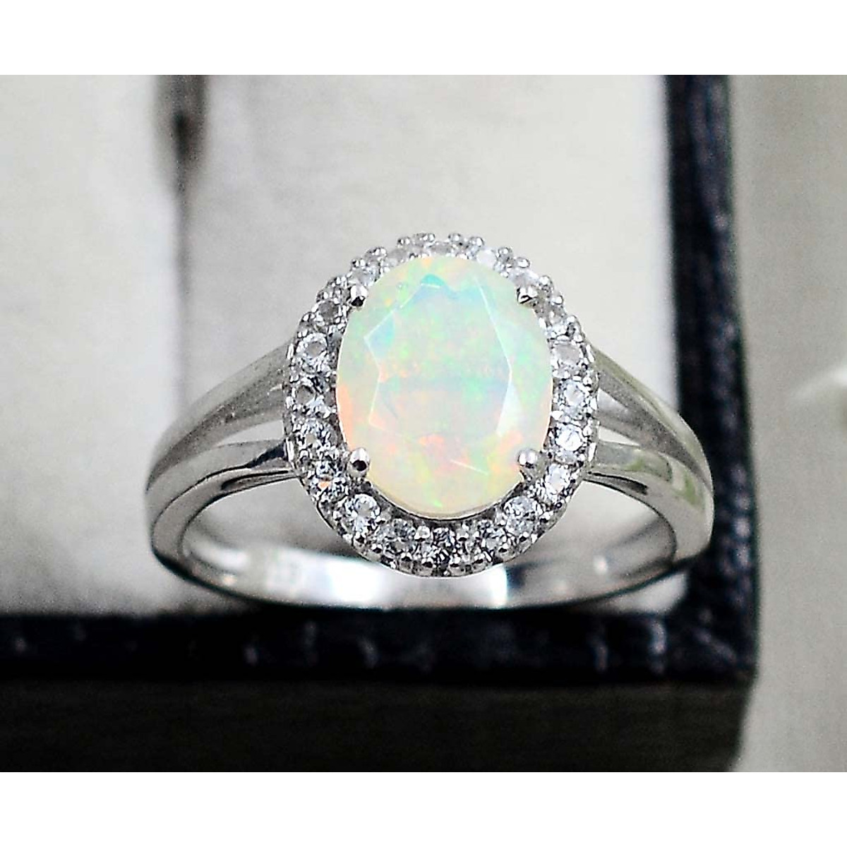 Natural 10X8 MM Welo Ethiopian Opal Cut Gemstone Oval Shape October Birthstone 925 Sterling Silver Solitaire Ring For Bridal Gift (Rhodium Plated Silver, 8)