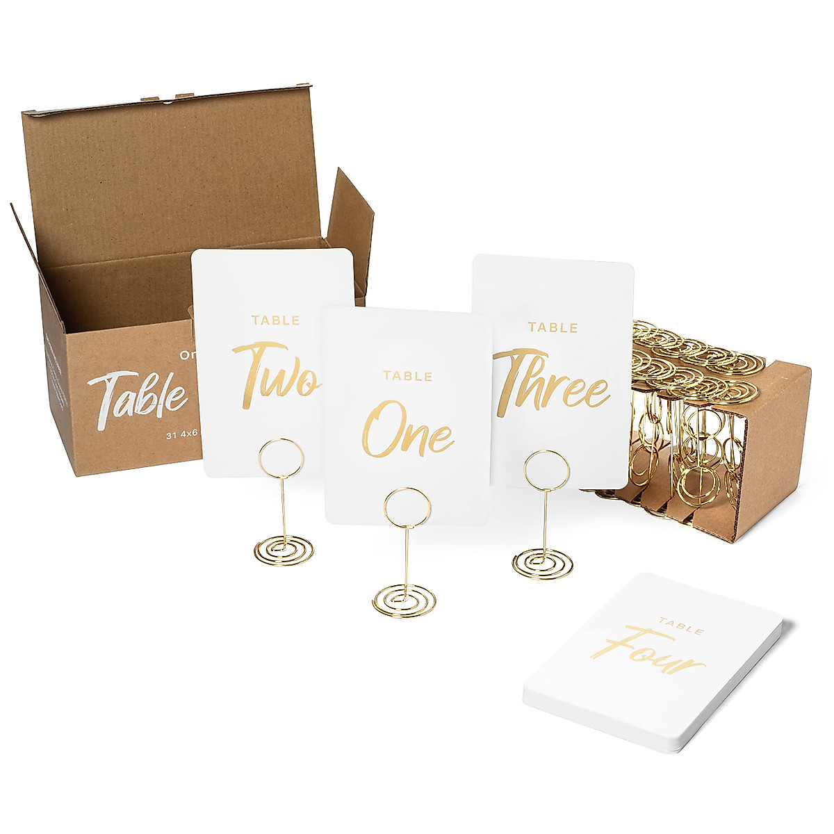 Table Numbers 1-30 Gold Set | Wedding Table Number Seating Cards, Golden Metal Holder Stands and Storage Box