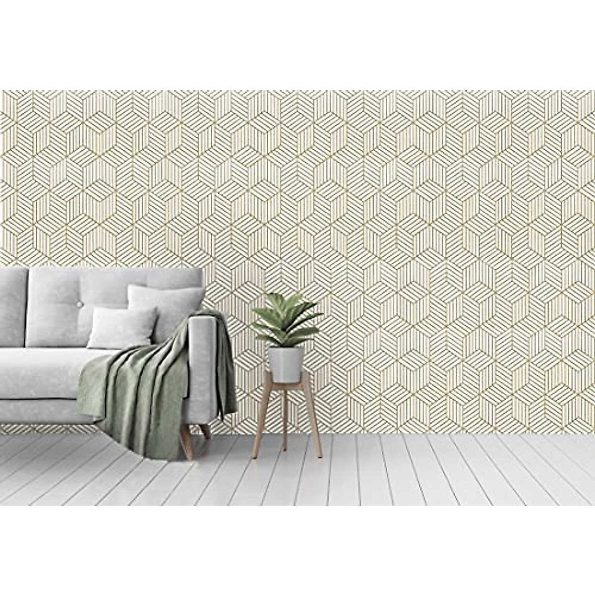 Gold and White Geometric Wallpaper Peel and Stick Wallpaper Hexagon Removable Self Adhesive Wallpaper Gold Stripes Geometric Paper Vinyl Film Decorative Shelf Drawer Liner Roll Waterproof 17.7”×118”