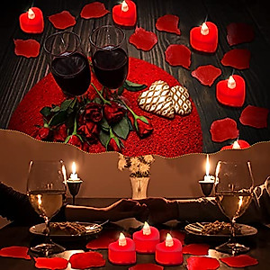 1200 Pieces Artificial Rose Petals with 36 Pieces Romantic Heart Shape LED Tealight Candle Flameless Love Candle for Candlelight Dinner Wedding Night Party Wedding Anniversaries Table Decor (Red)