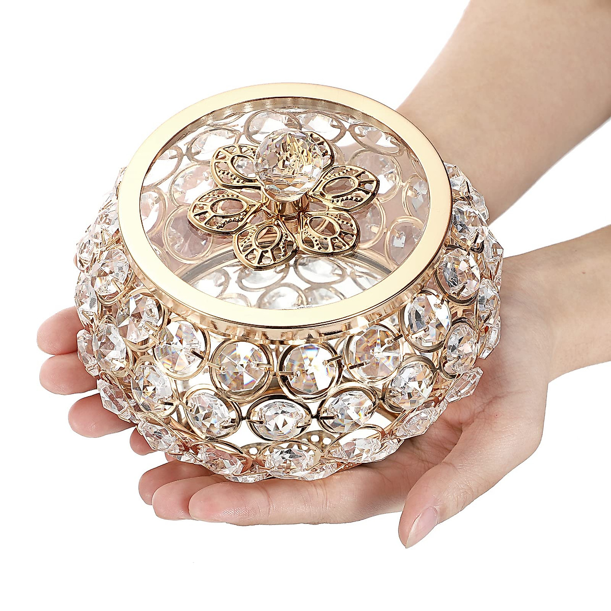 Hipiwe Crystal Jewelry Trinket Box with Glass Lid Gold Mirrored Treasure Box Decorative Jewelry Box Ring Earrings Necklace Storage Keepsake Box Gift for Women Girls