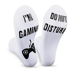 Do Not Disturb I’M Gaming Socks, Funny Novelty Gamer Socks Valentines Day Father Day Gifts for Men Women Boy Girl (White Black, Long)
