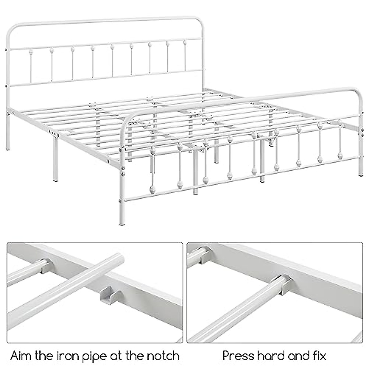 Topeakmart California King Size Victorian Style Metal Bed Frame with Headboard/Mattress Foundation/No Box Spring Needed/Under Bed Storage/Strong Slat Support White