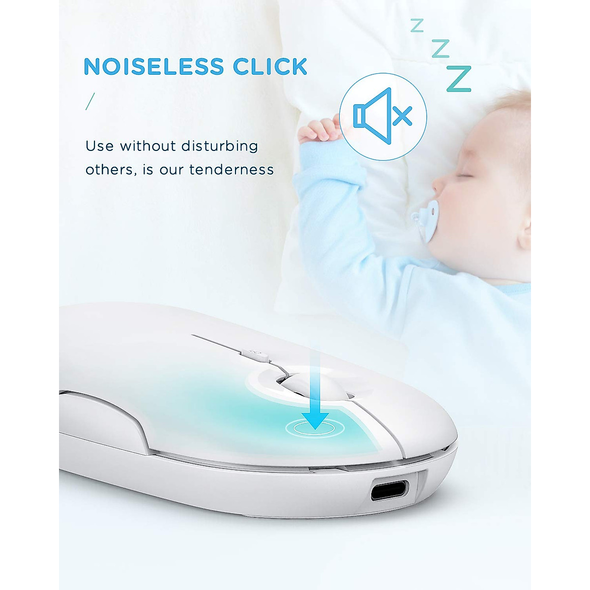 Rechargeable Bluetooth Mouse , seenda Wireless Dual Mode Mouse , 3 Adjustable DPI, USB-Type-C Cordless Mouse for iPad OS 13, MacBook, PC, Chromebook, PS4 Pro, PS5 (White)