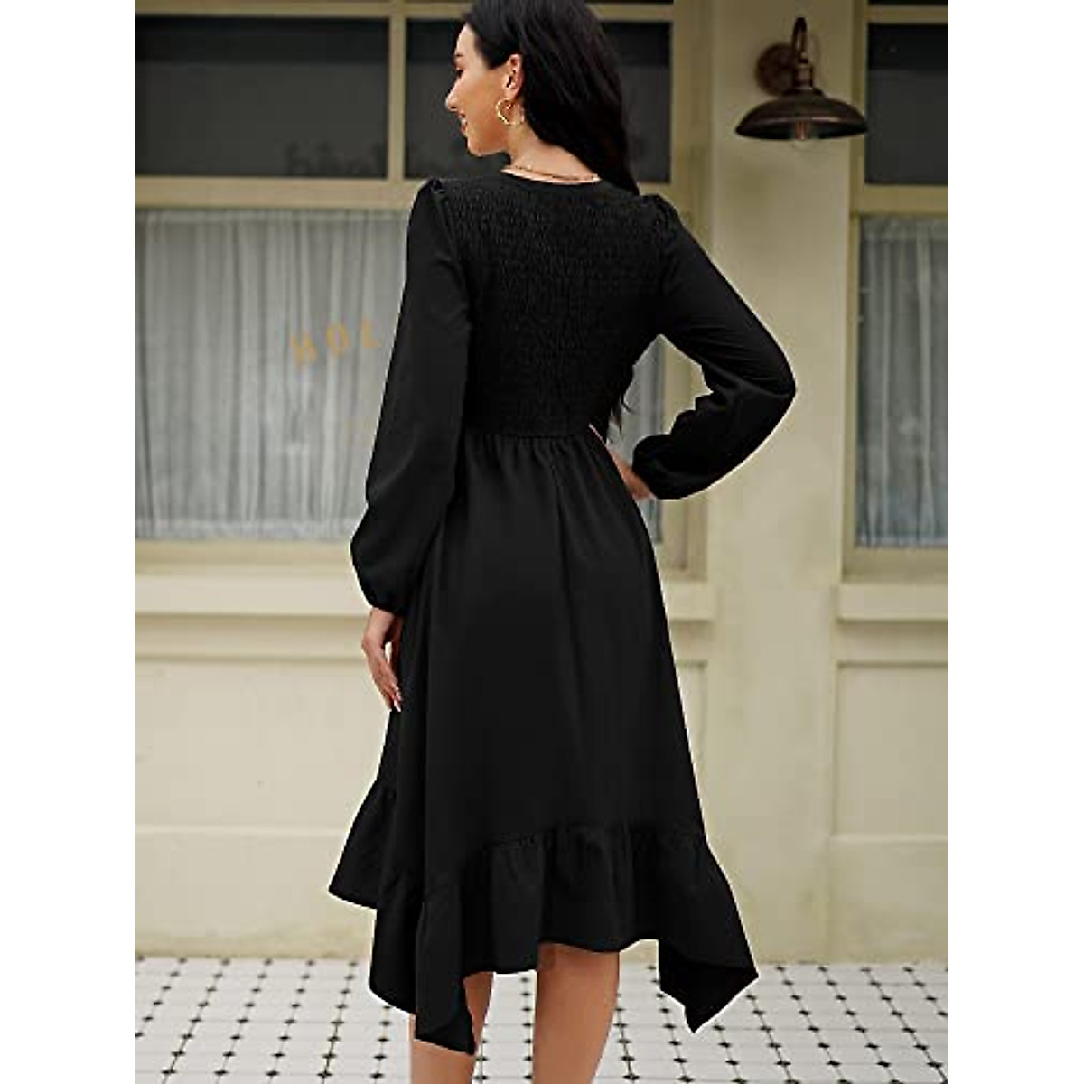 ZAFUL Women's Deep V Neck Smocked Flutter Hem Drawstring Tie Front Long Sleeve Flowy Midi A-Line Dress with Pockets Black