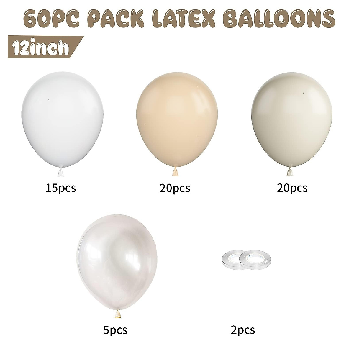 Beige Balloons, 60 PCS 12 Inch Cream Balloons Nude Balloons with Beige Sand White Balloons Clear Balloons, Latex Birthday Balloons Decoration For Birthday Baby Shower Wedding Party Decorations