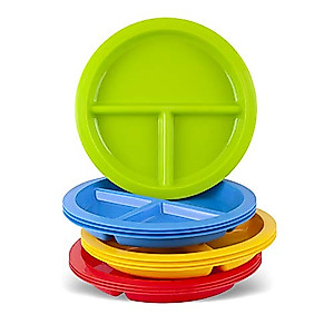 Plaskidy 3 - Compartment Divided Plates for Kids - Set of 12 Plastic Children Trays for Eating with Dividers - 4 Bright Colors (3 of Each Color) Dishwasher Microwave Safe BPA Free for Toddler and Kids
