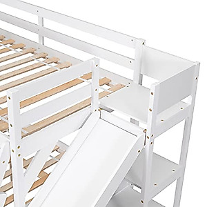 GLORHOME Twin Over Full Bunk Bed,Wooden Bunk Bed, Bunk Bed with Drawers,Slide,Grey